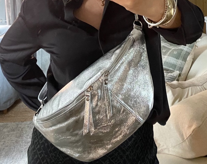XL Silver Sling Bag, Oversized Silver Chest Bag, XL Bum Bag, Holiday Bag, Airport Bag, Silver ...
