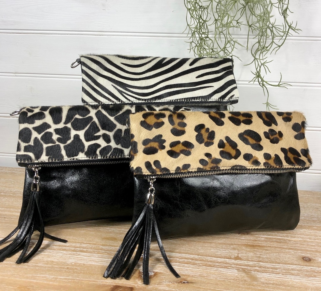 Genuine Leather Animal Print Foldover Clutch Bag, Leopard Crossbody ...