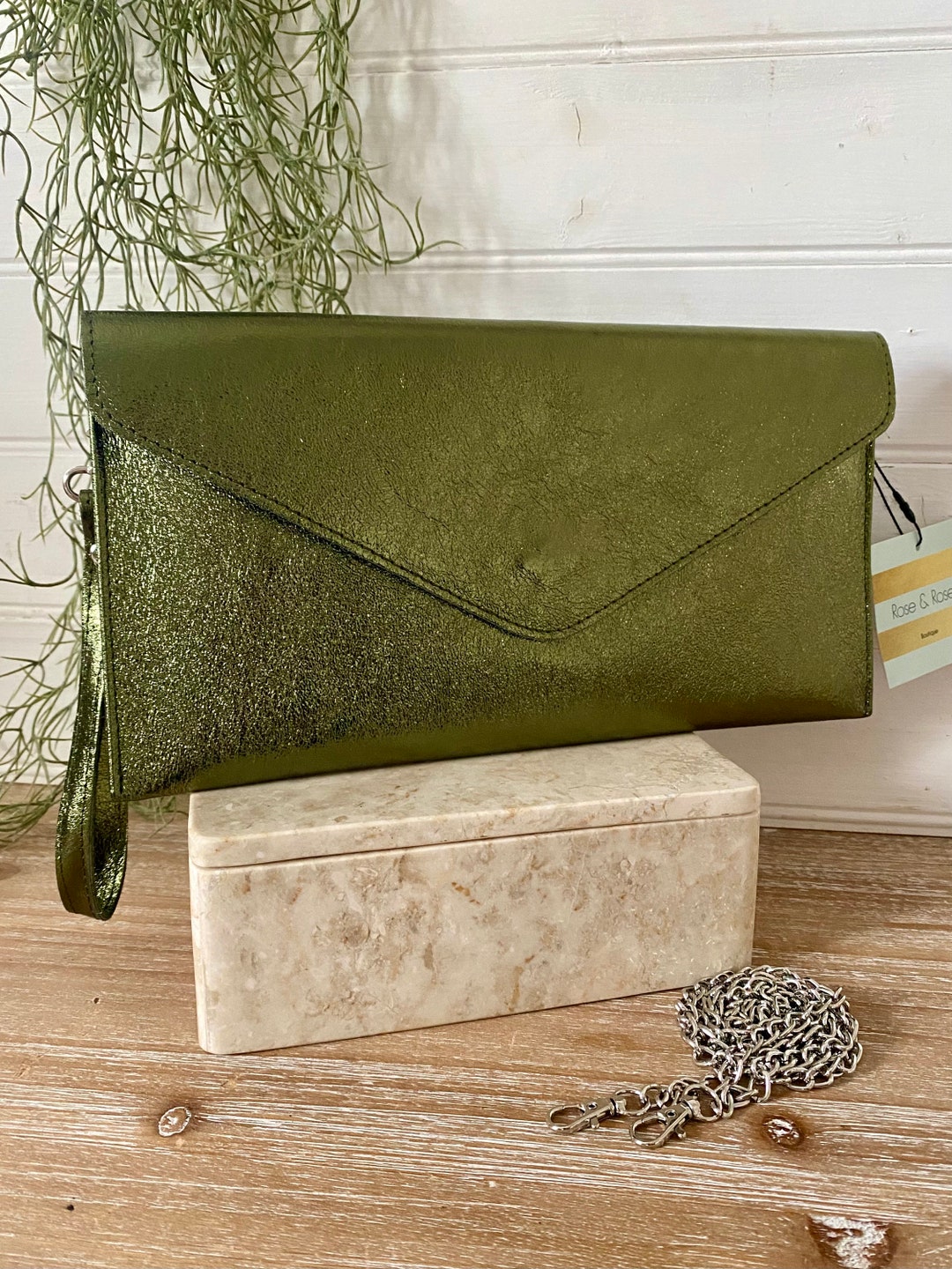 Olive Green Clutch Bag, Metallic Leather Bag, Olive Clutch, Khaki Purse ...