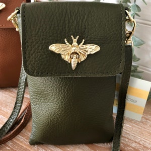 Leather Phone Bag, Phone Crossbody, Phone Pouch, Bee Phone Bag, Olive ...