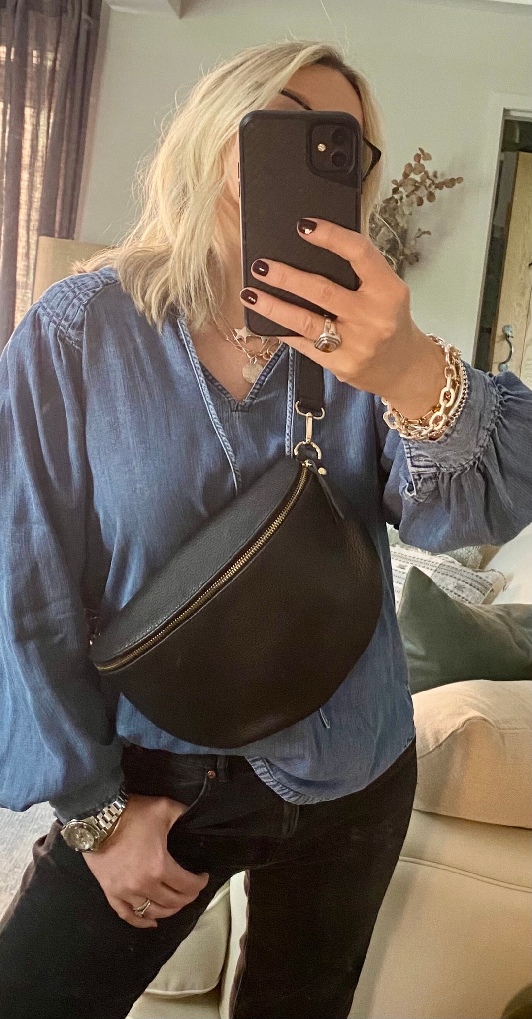 Large Black Leather Bum Bag, Black Chest Bag, Sling Bag, Black Fanny ...