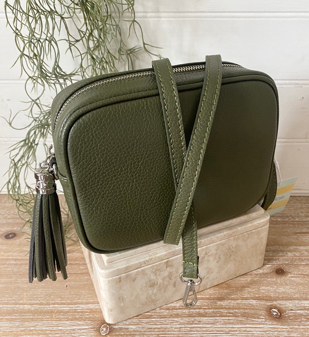 Olive Green Crossbody Bag, Olive Leather Tassel Bag, Khaki Leather Bag ...