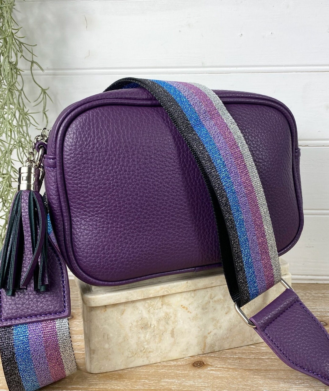 Purple Crossbody Bag, Purple Bag With Rainbow Strap, Purple Vegan ...
