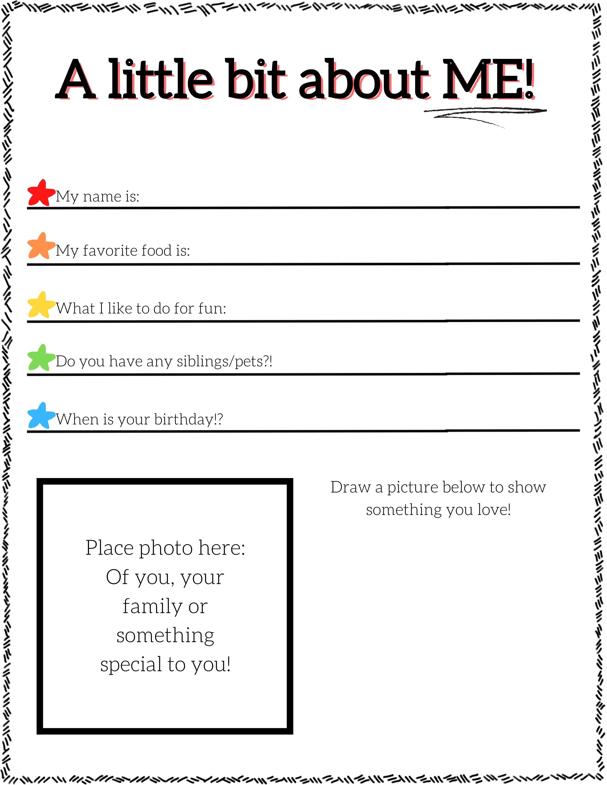 Kindergarten Introduction Printable: 'A Little Bit About Me' PDF ...