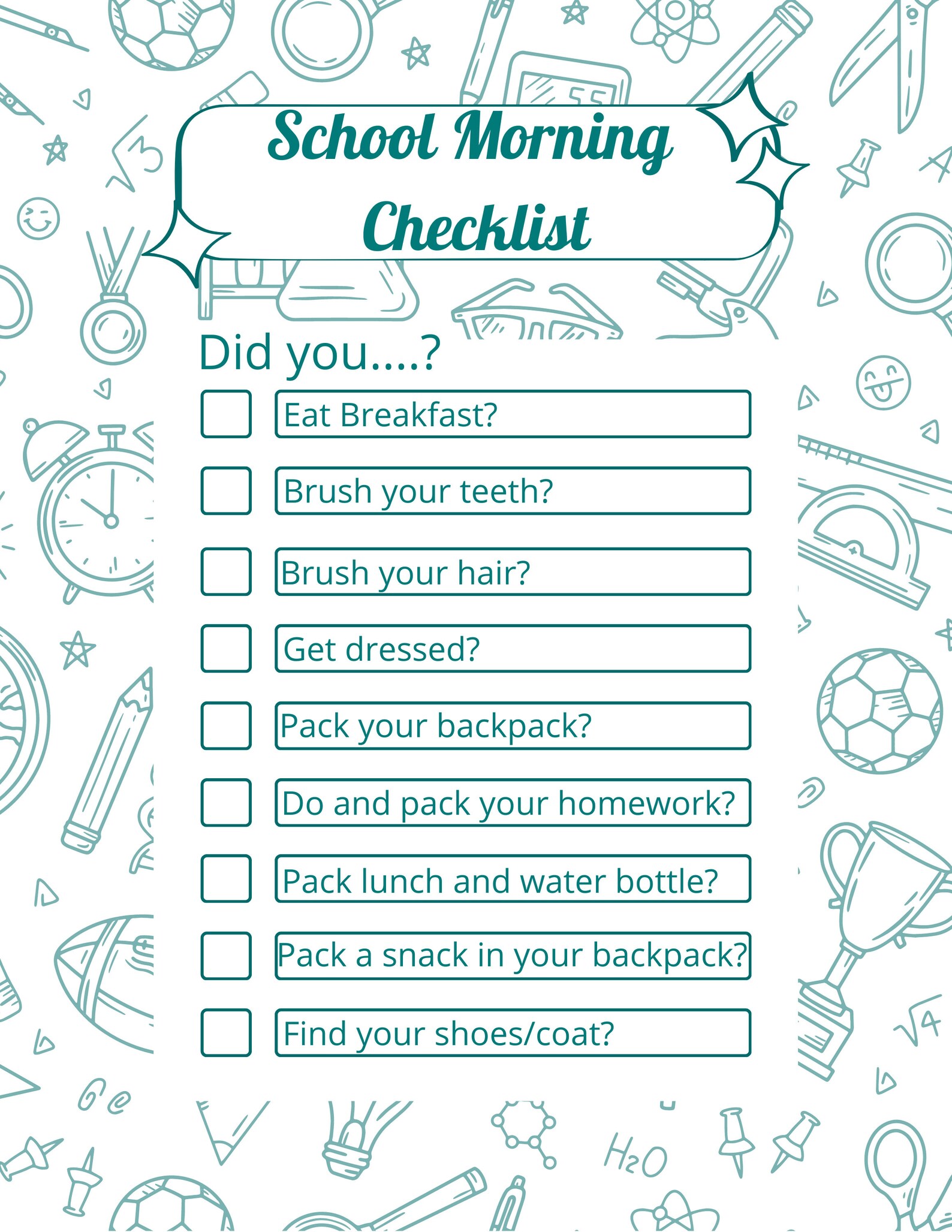 School Morning Checklist, School Checklist, Checklist for School ...
