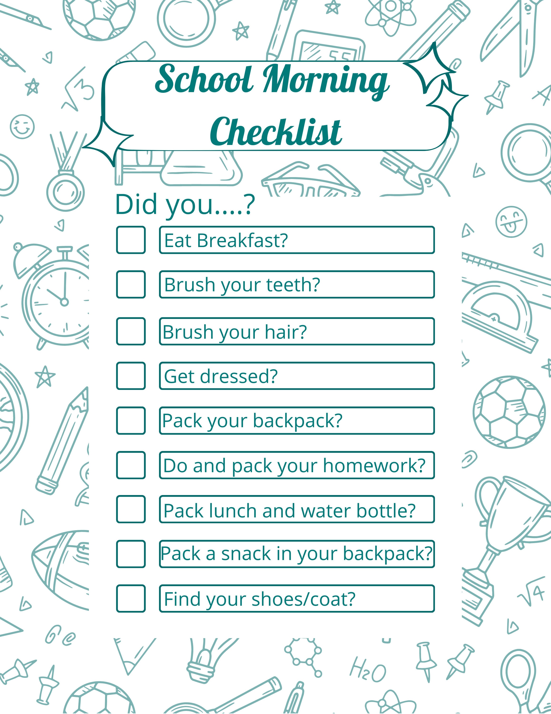 School Morning Checklist, School Checklist, Checklist for School ...