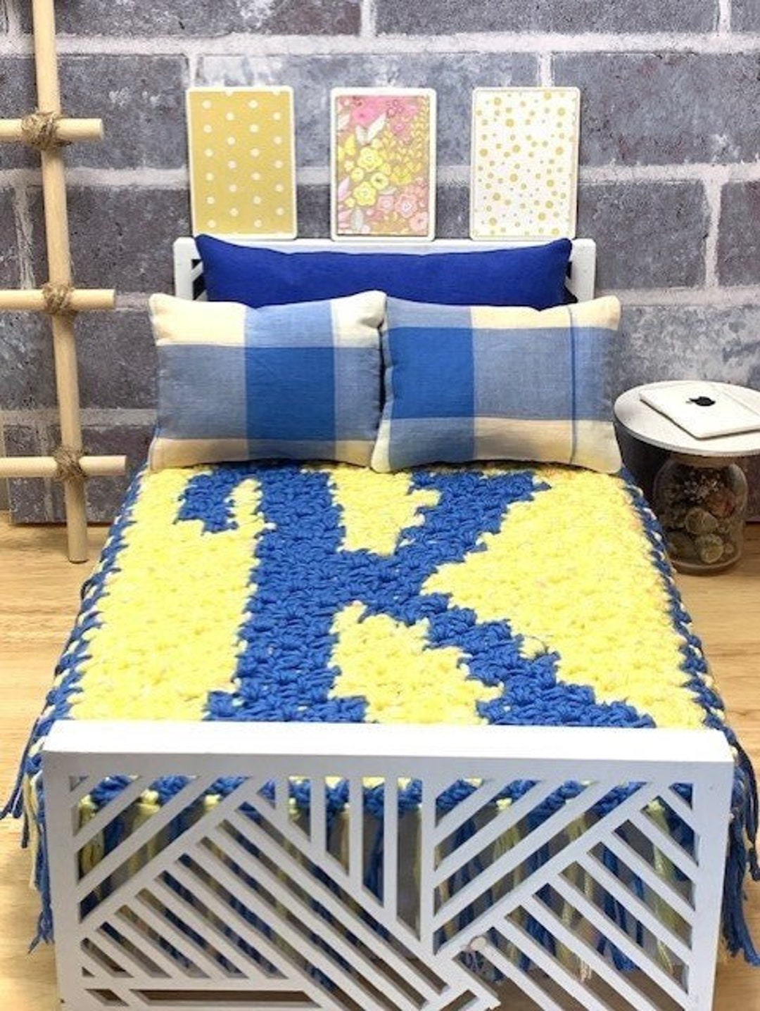 Doll Size 1:6 Scale Blue & Yellow Crochet Bed Spread With Ken Logo and ...