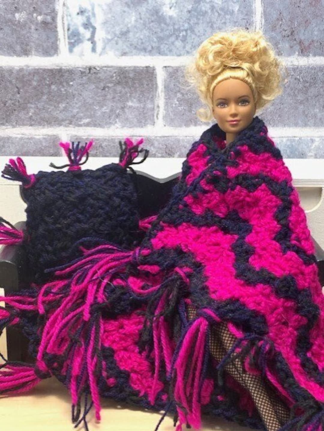 Barbie Size Crochet Afghan Throw Blanket Cozy Fuscia Pink and Black ...