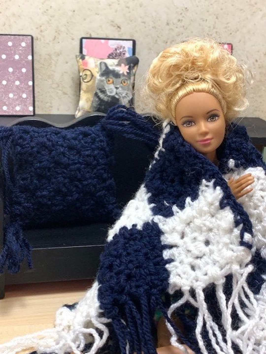 Barbie Size Crochet Afghan Throw Blanket Navy Blue and White Squares ...