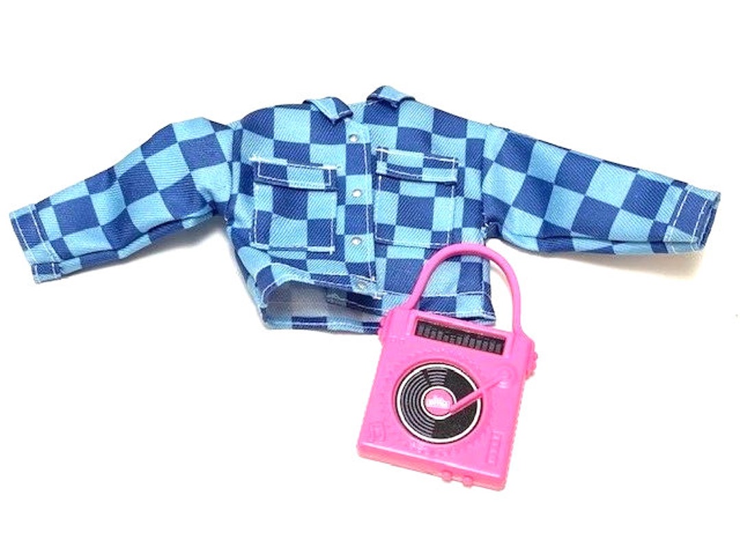 Barbie Fashion Checkered Blue Denim Jacket With Pink Boombox Carryon ...