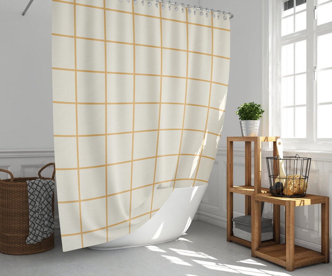 Retro Yellow Grid Shower Curtain | Minimalist Retro Shower Curtain - Etsy