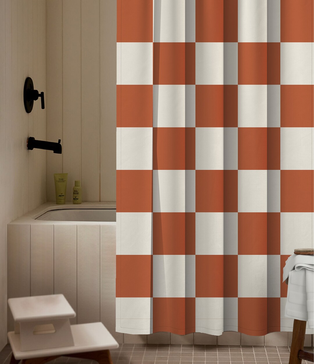 Burnt Orange Checkered Retro Shower Curtain | Minimalist Shower Curtain ...
