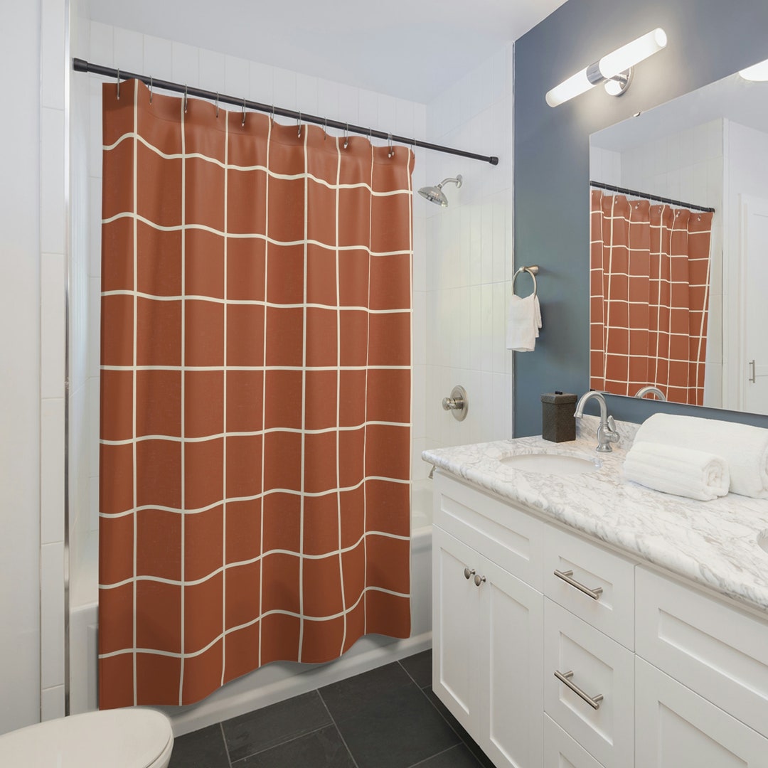 Burnt Orange Grid Shower Curtain | Minimalist Retro Stripes Shower ...