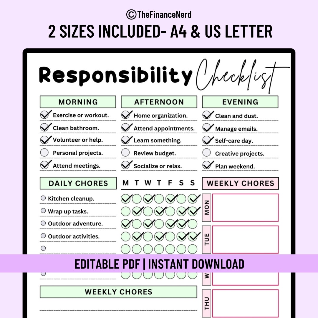 Editable Responsibility Chore Chart for Kids, Printable, Kids Daily ...