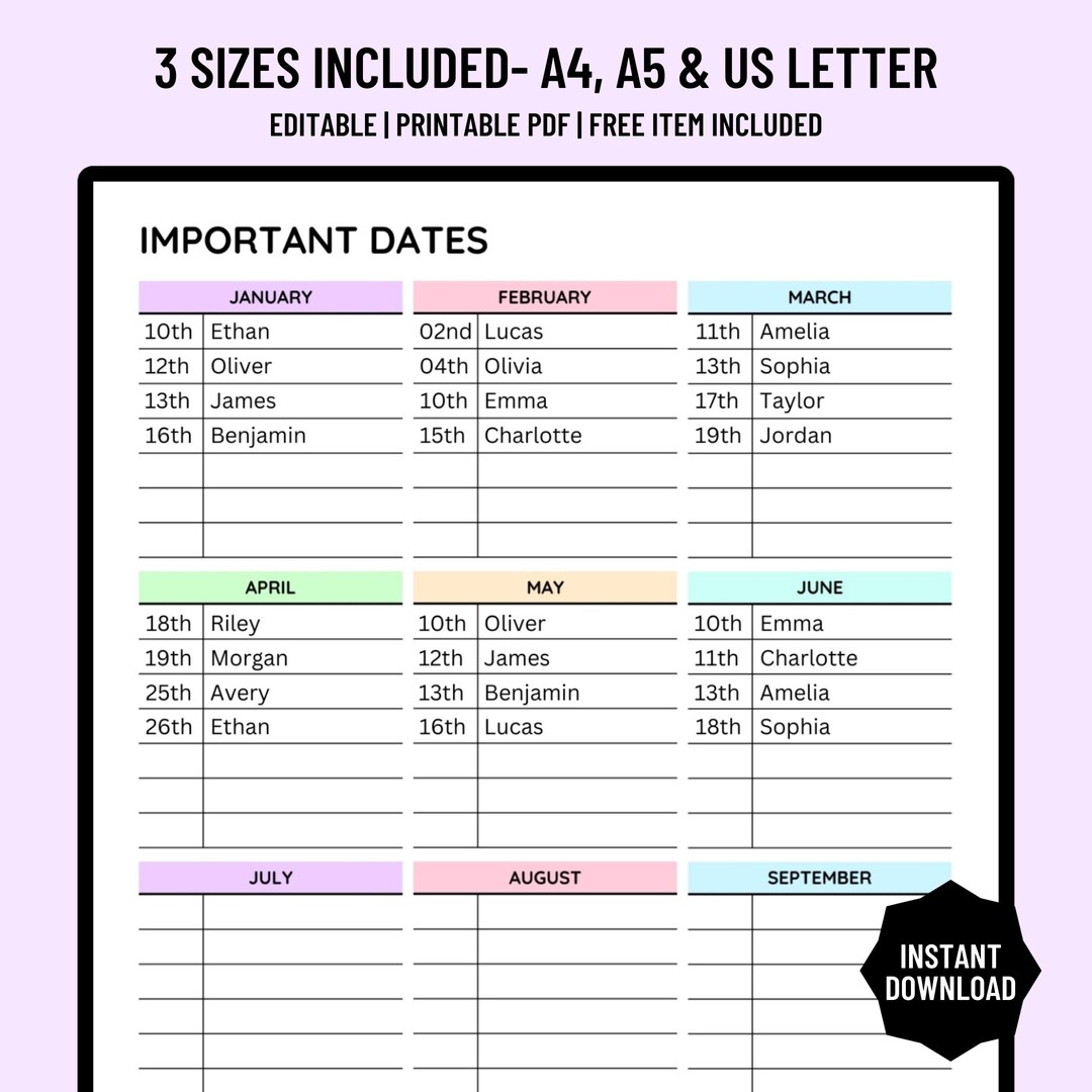 Editable Important Dates Printable, Birthdays, Anniversaries, Travels ...