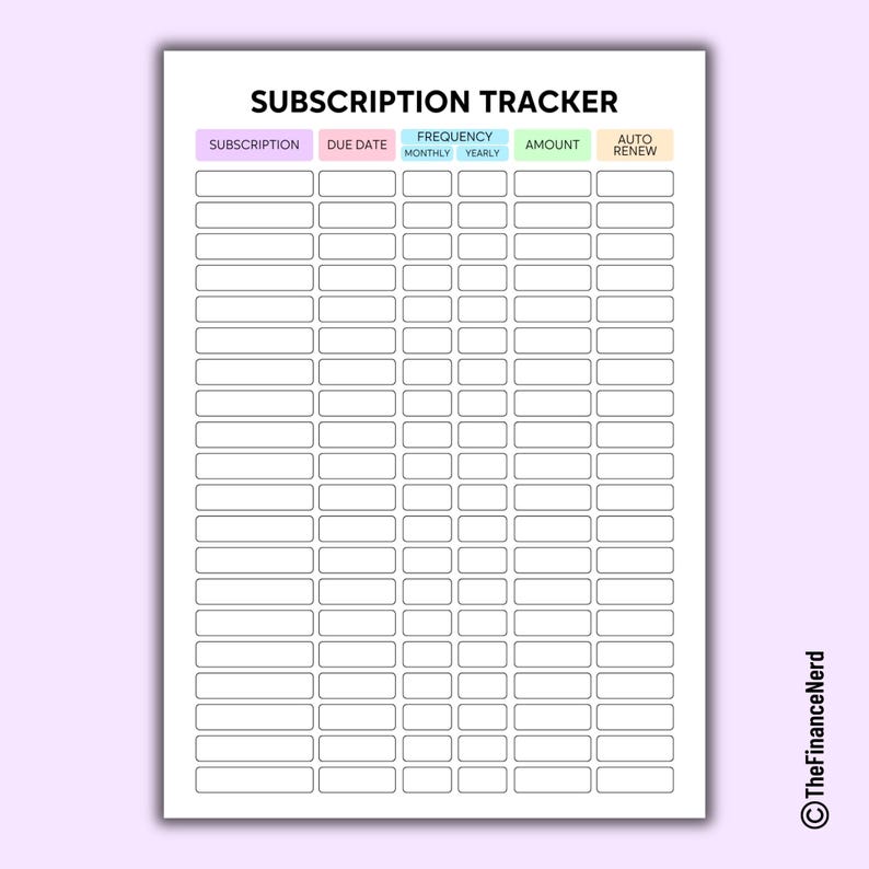 Editable Subscription Tracker Printable, Membership Checklist, Expense ...