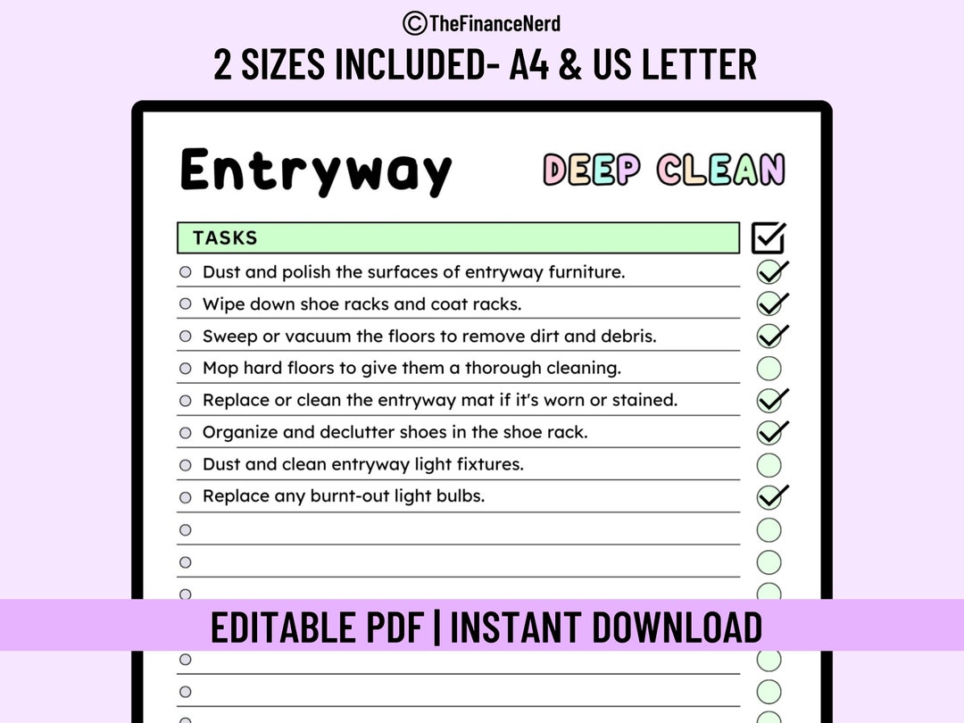Editable Cleaning Planner for Entryway, Cleaning Checklist, Cleaning ...