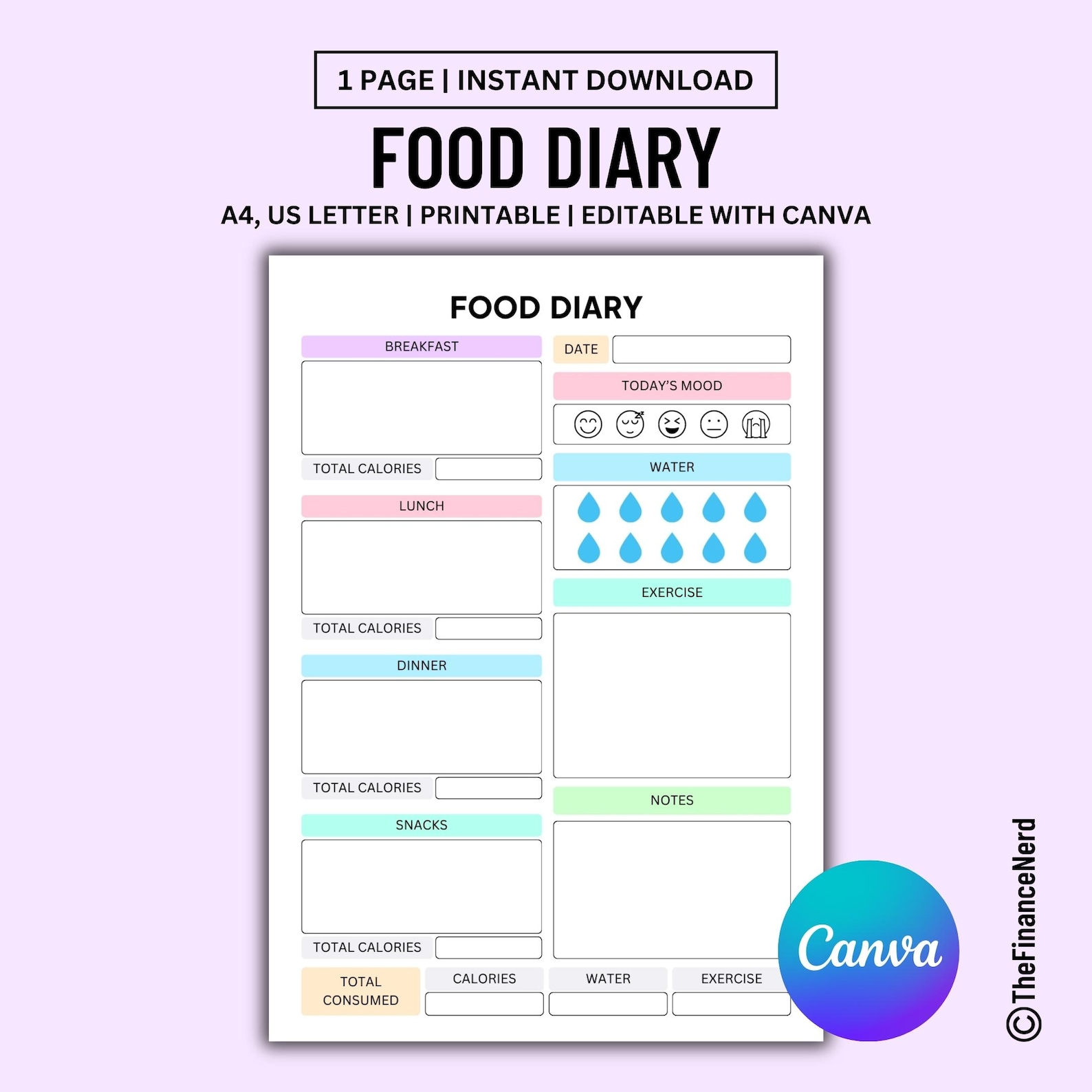 Editable Food Diary Journal, Daily Food Journal, Daily Food Planner ...