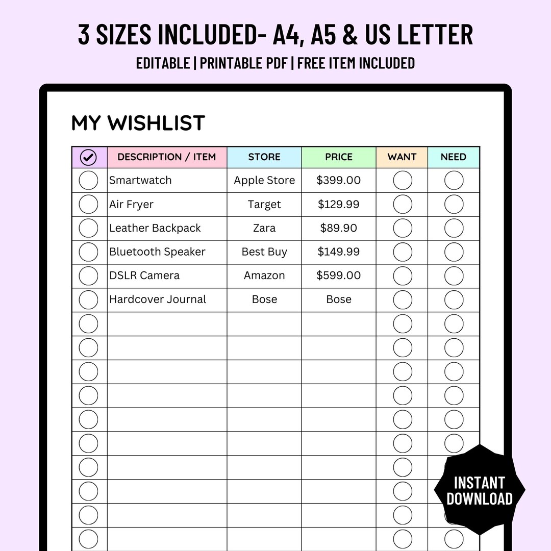 Editable Wishlist Tracker, Printable, Things to Buy, Want List Template ...