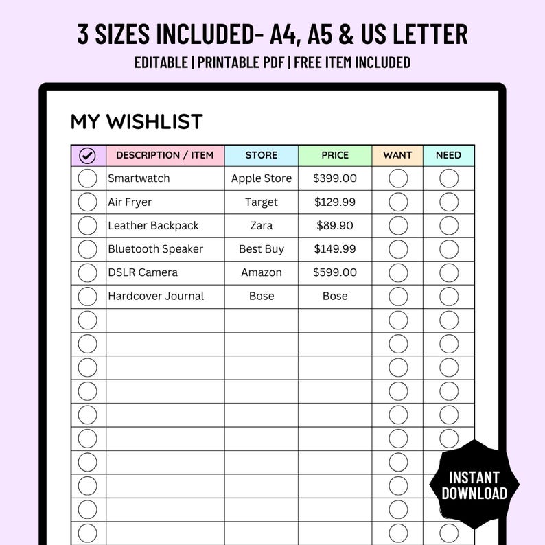 Editable Wishlist Tracker, Printable, Things to Buy, Want List Template ...