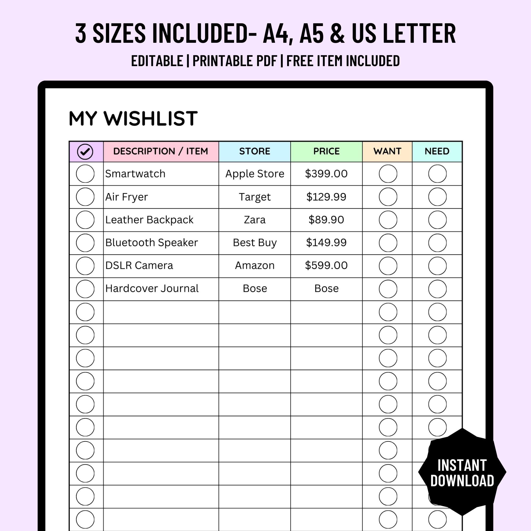 Editable Wishlist Tracker, Printable, Things to Buy, Want List Template ...