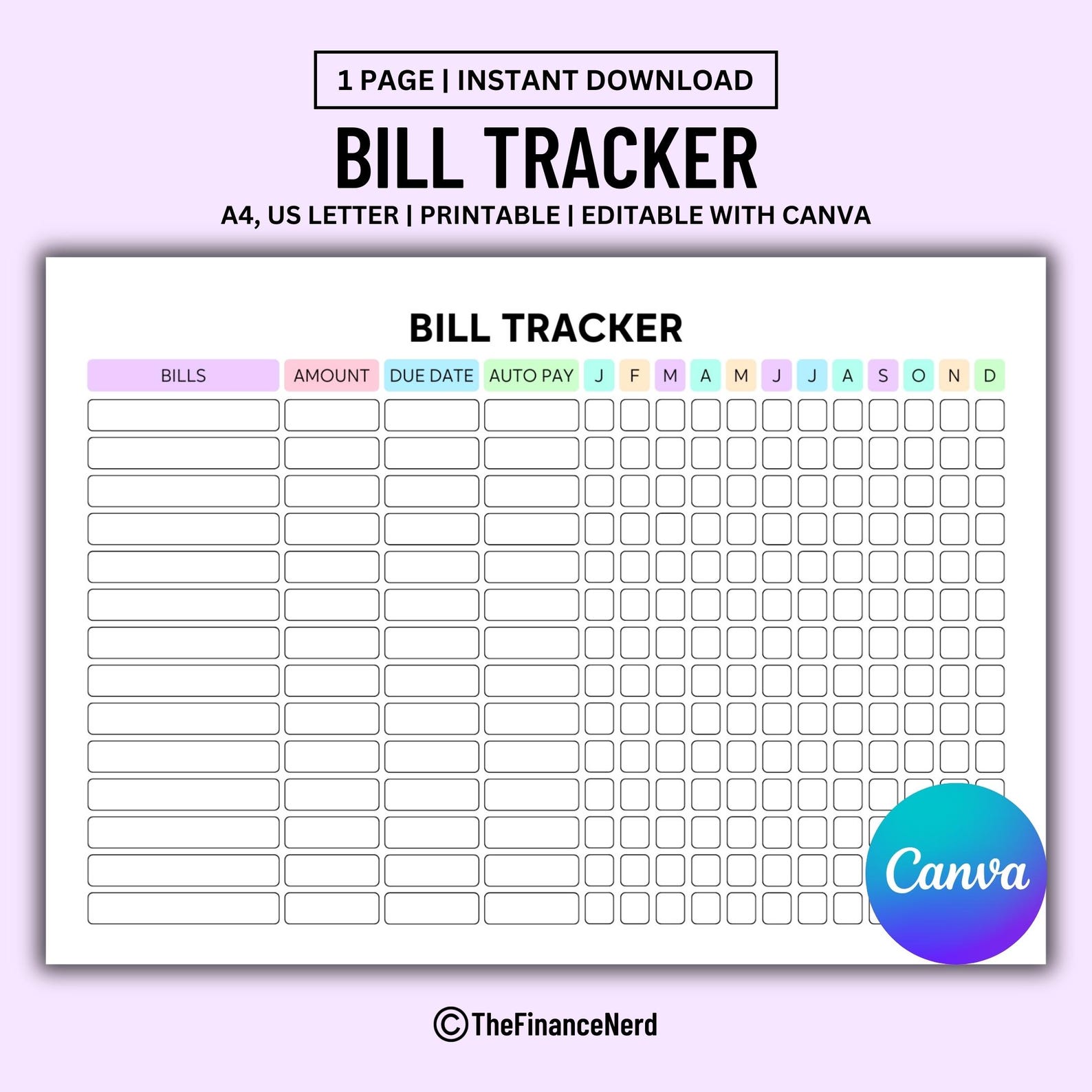 Editable Yearly Bill Tracker Printable, Bill Payment Checklist, Bill ...