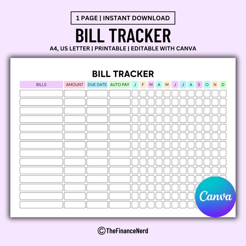 Editable Yearly Bill Tracker Printable, Bill Payment Checklist, Bill ...
