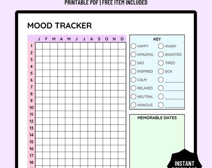 Mood Tracker Printable, A Year in Pixels, Mood Journal, Emotion Tracker ...