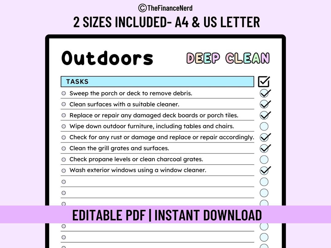 Editable Cleaning Planner for Outdoors, Cleaning Checklist, Cleaning ...