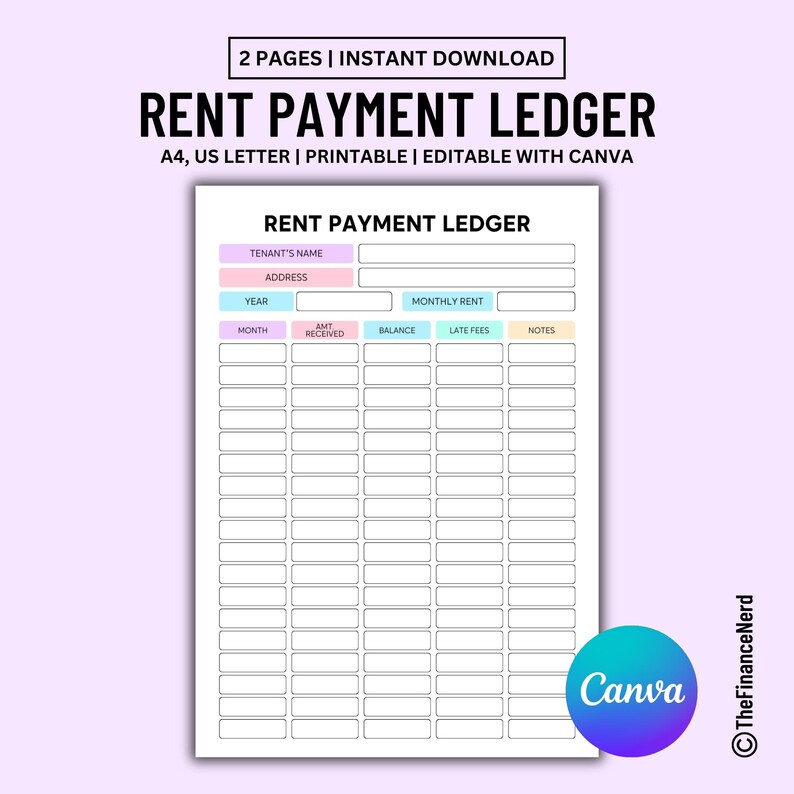 Editable Rent Payment Ledger, Printable Rental Payment Tracker, Monthly ...