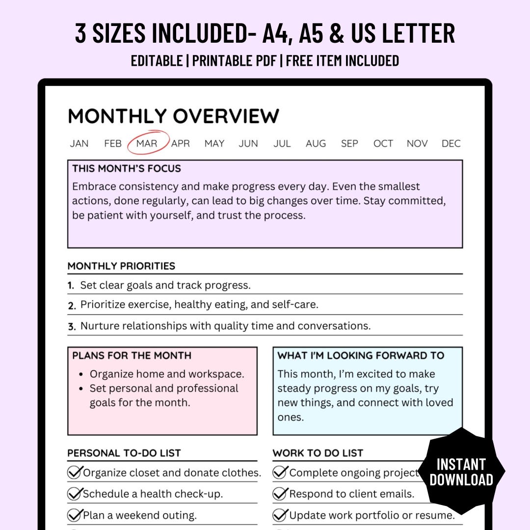 Editable Monthly Overview Template, Monthly Planner, to Do List ...