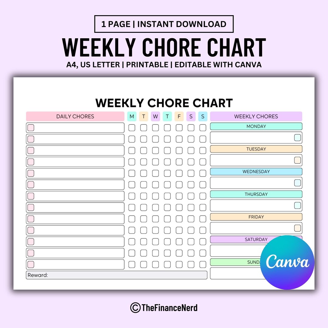 Editable Chore Chart for Kids, Printable, Kids Daily Weekly ...