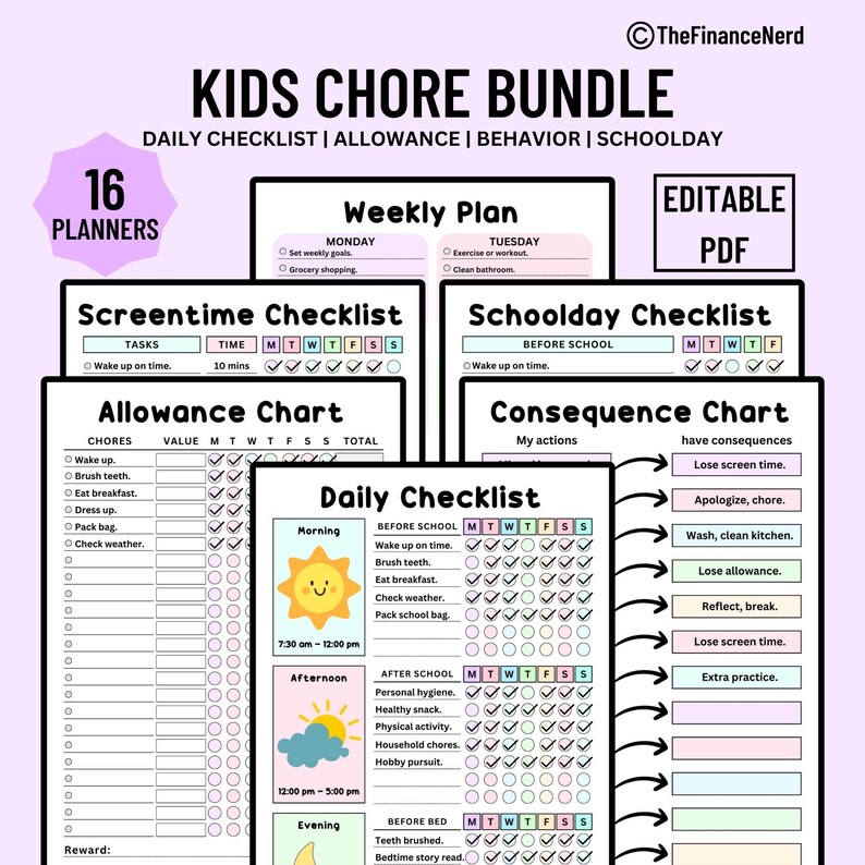 Editable Kids Chore Chart Bundle, Kids Daily Checklist, Editable ...