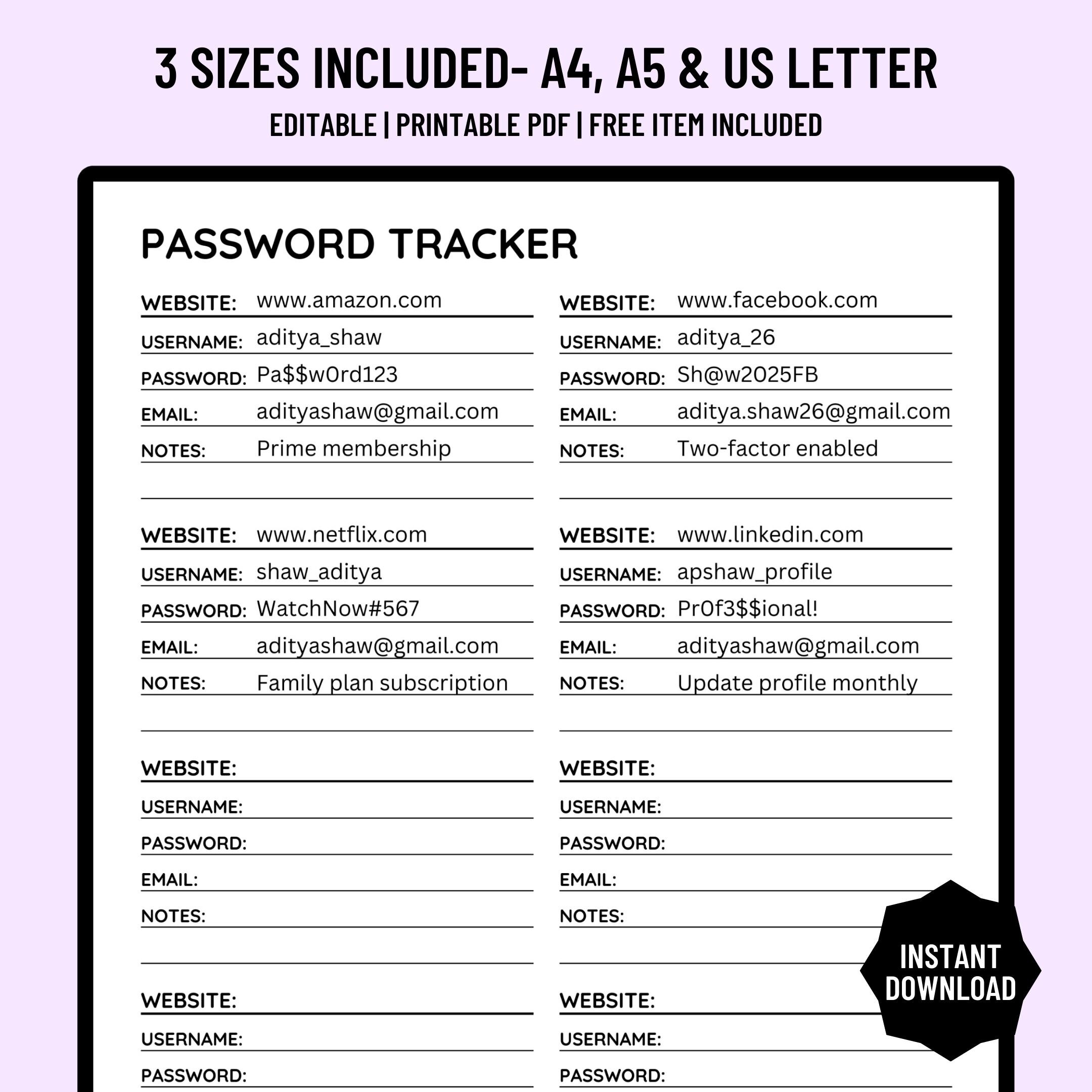 Editable Password Tracker, Printable Password Tracker, Password Log ...