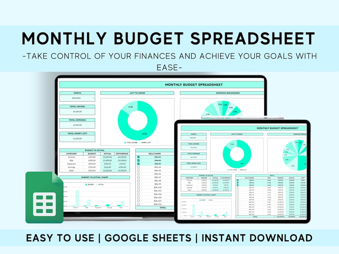 Simple Monthly Budget Spreadsheet Google Sheets Template - Etsy