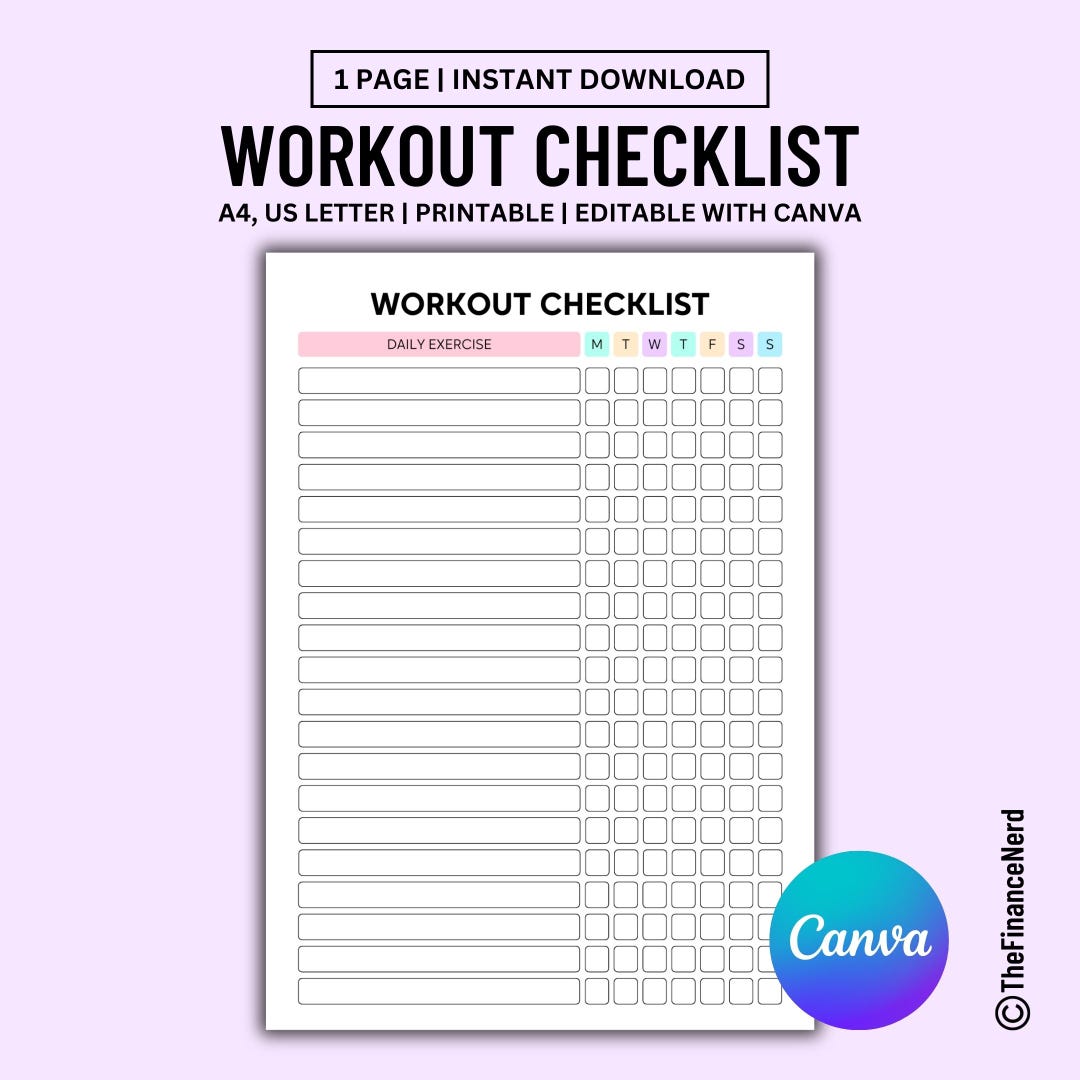 Editable Workout Tracker Printable, Daily Exercise Log, Fitness Journal ...