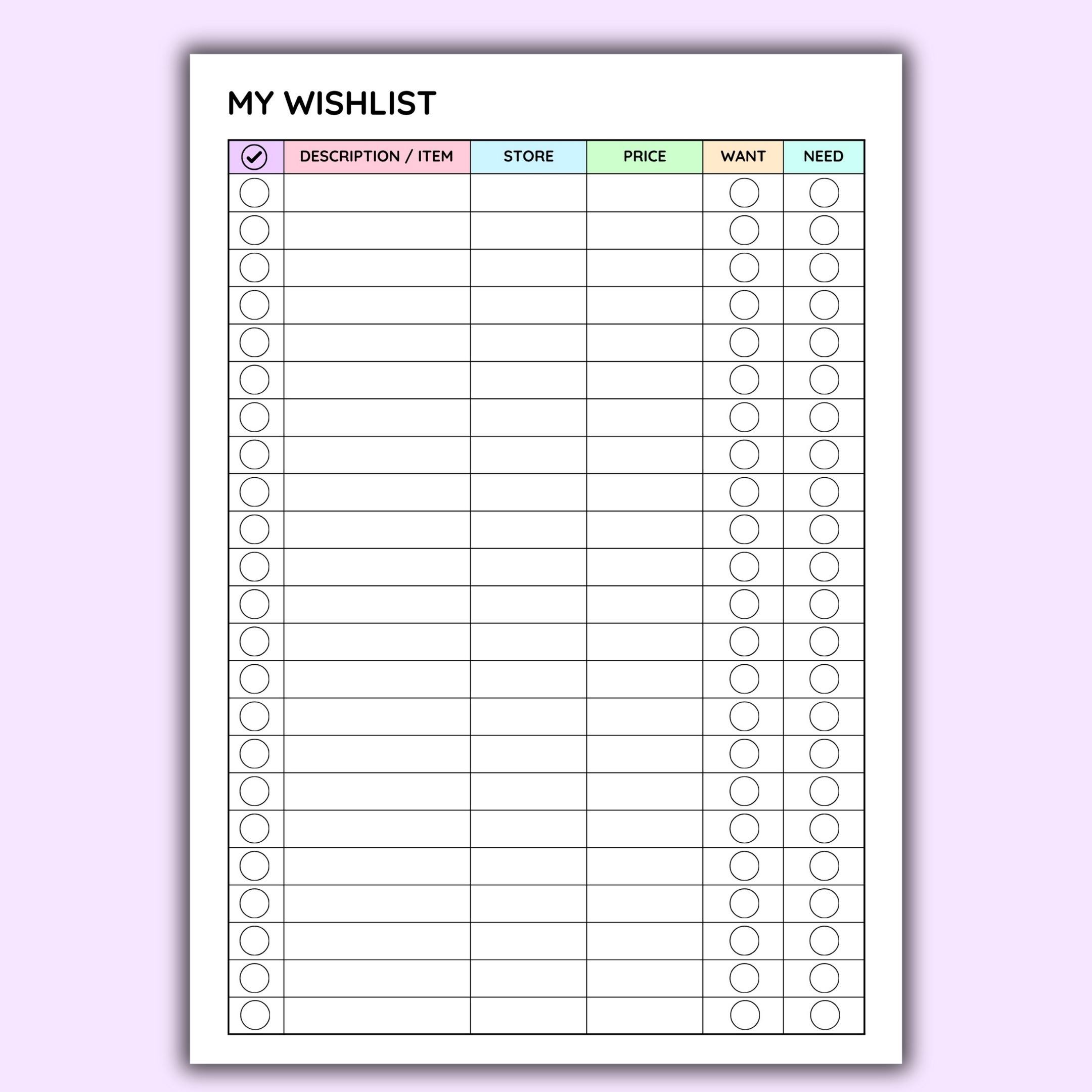 Editable Wishlist Tracker, Printable, Things to Buy, Want List Template ...