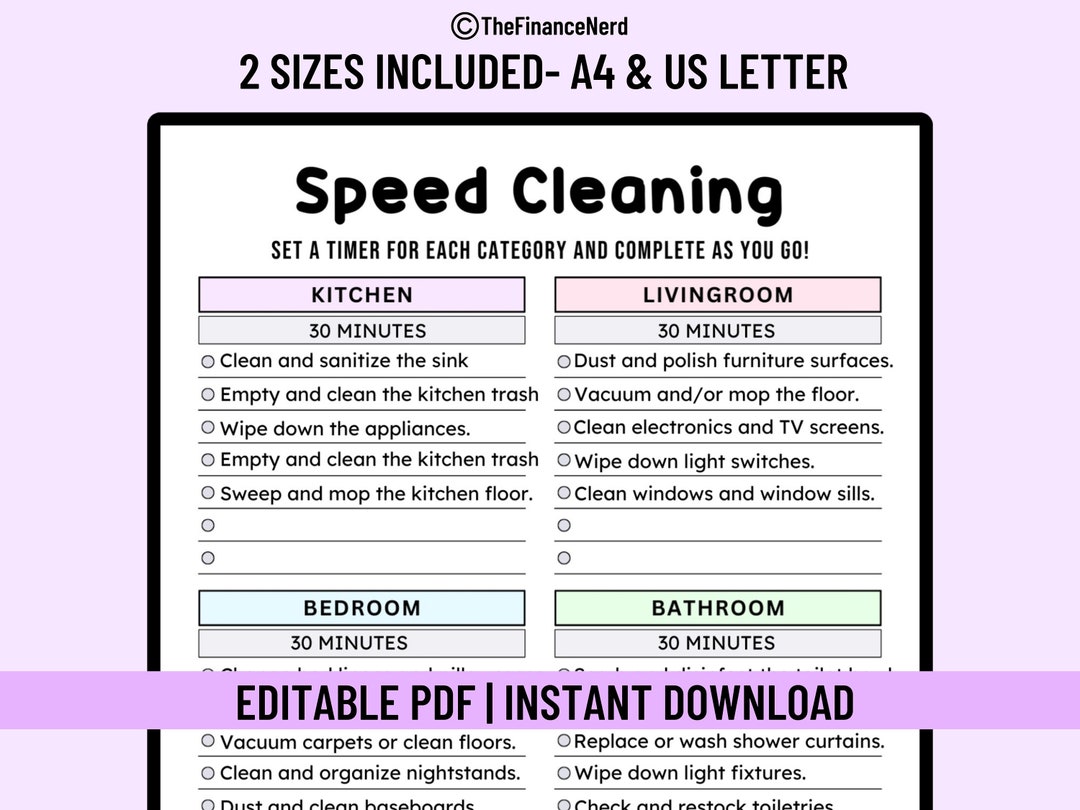 Editable Cleaning Checklist for Speed Cleaning, Cleaning Planner ...