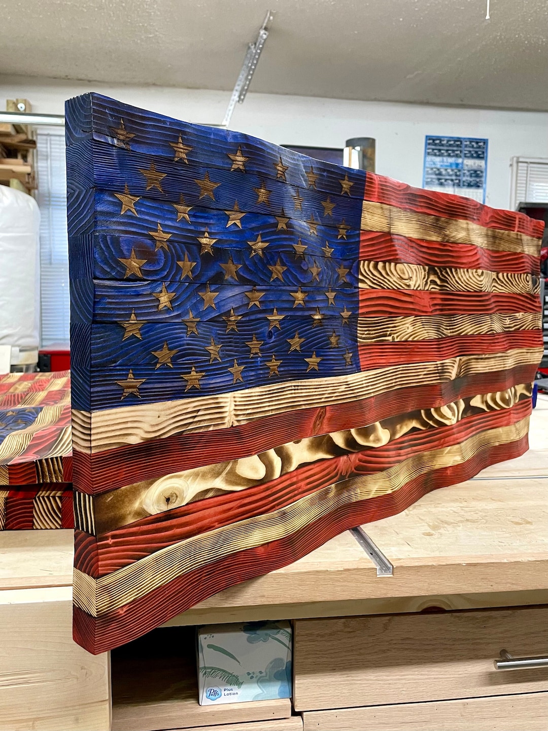 Hand Carved Wavy Rustic Wooden American Flag, Large Waving American ...