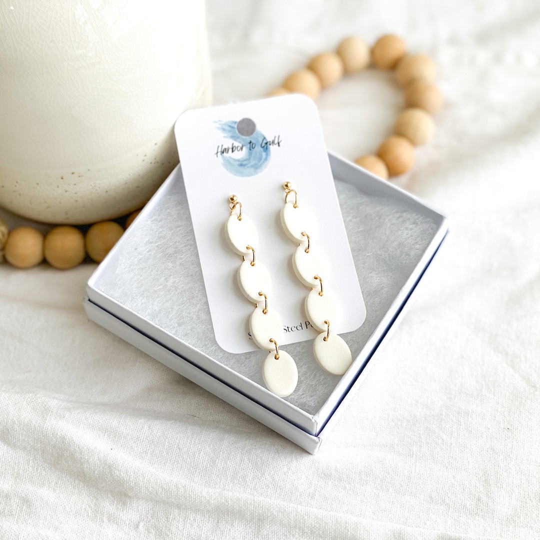 White Oval Drop Earrings, Cute Clay Earrings, Handmade Jewelry, Polymer ...