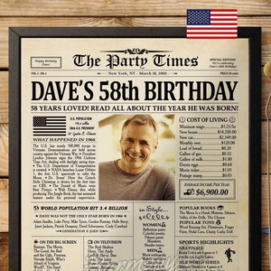 58th Birthday Newspaper Poster Sign, Personalized 58th Birthday Posters ...