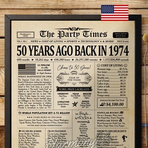 50th Birthday Newspaper Sign 1974, 50th Birthday Gift for Men or Women ...