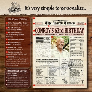 63rd Birthday Newspaper Poster Sign, Personalized Birthday Newspaper ...