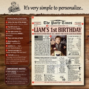 1st Birthday Newspaper Poster Sign, 1st Birthday Gift for Son or ...