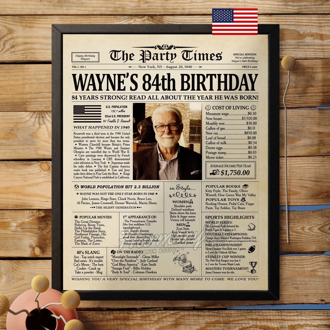 84th Birthday Newspaper Poster Sign, Personalized Birthday Newspaper ...