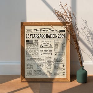16th Birthday Newspaper Sign, Sweet 16 Gift, 16 Years Ago Back in 2009 ...