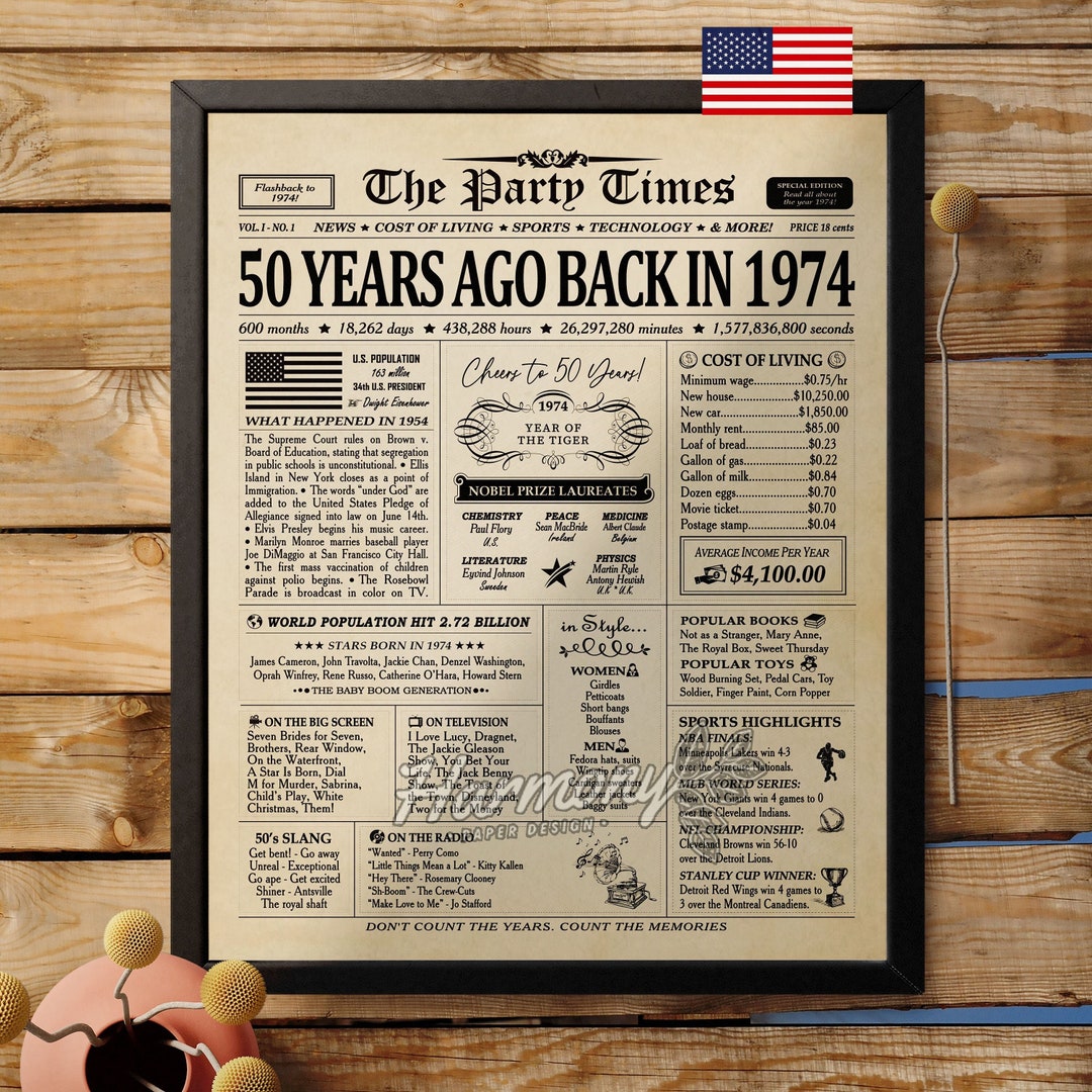 50th Birthday Newspaper Sign 1974, 50th Birthday Gift for Men or Women ...