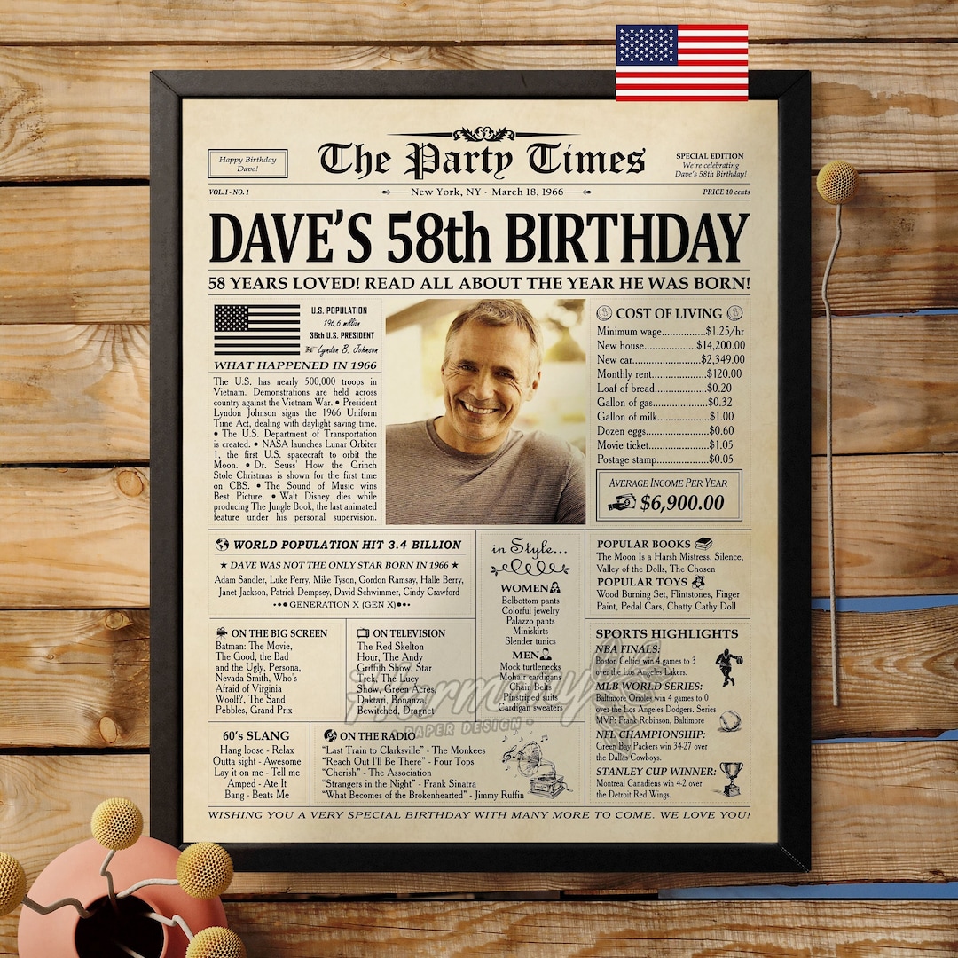 58th Birthday Newspaper Poster Sign, Personalized 58th Birthday Posters ...