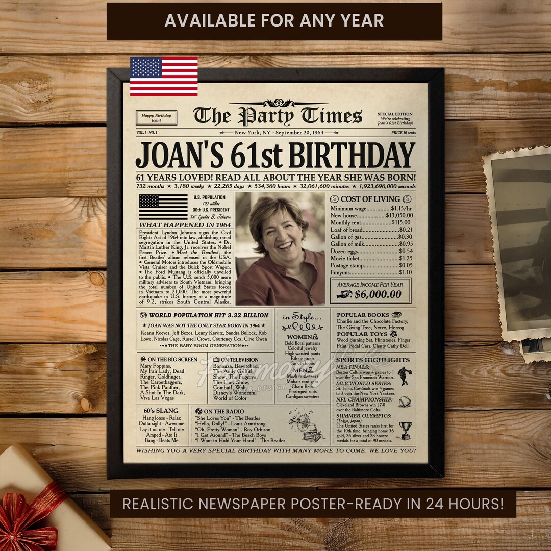 61st Birthday Newspaper Poster Sign, Personalized 61st Birthday Gift ...