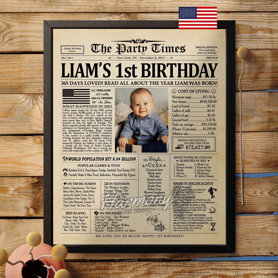 1st Birthday Newspaper Poster Sign, 1st Birthday Gift for Son or ...